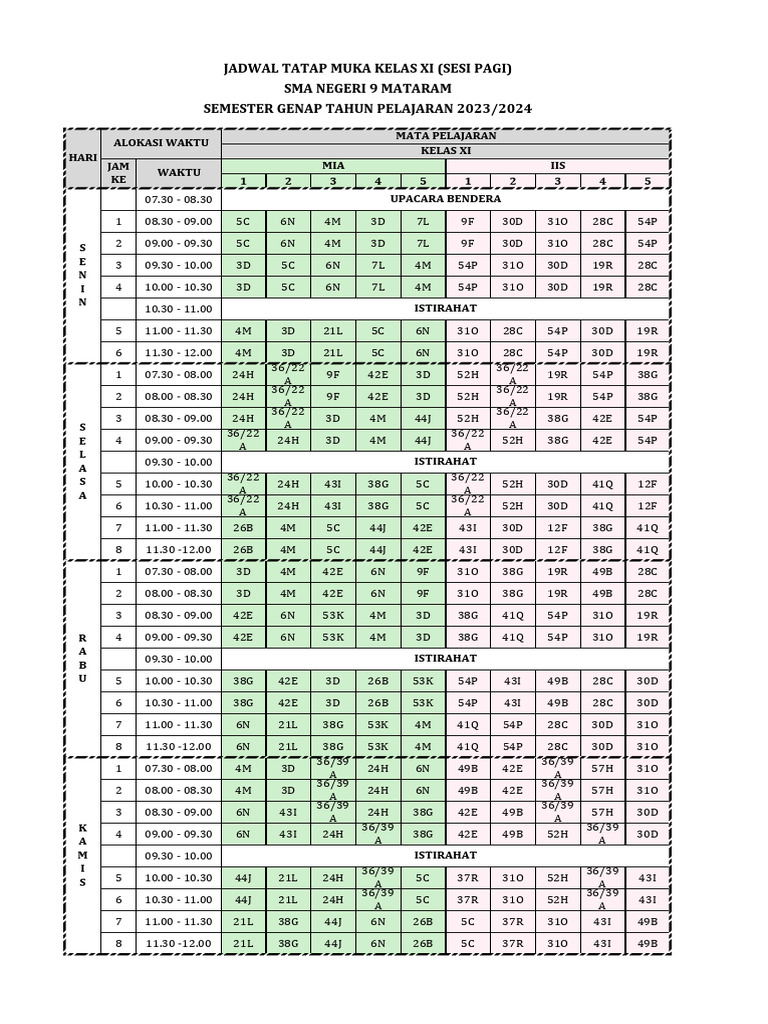 (22 APRIL) Jadwal Pelajaran Kelas XI Semester 2 TP 2023-24 | PDF