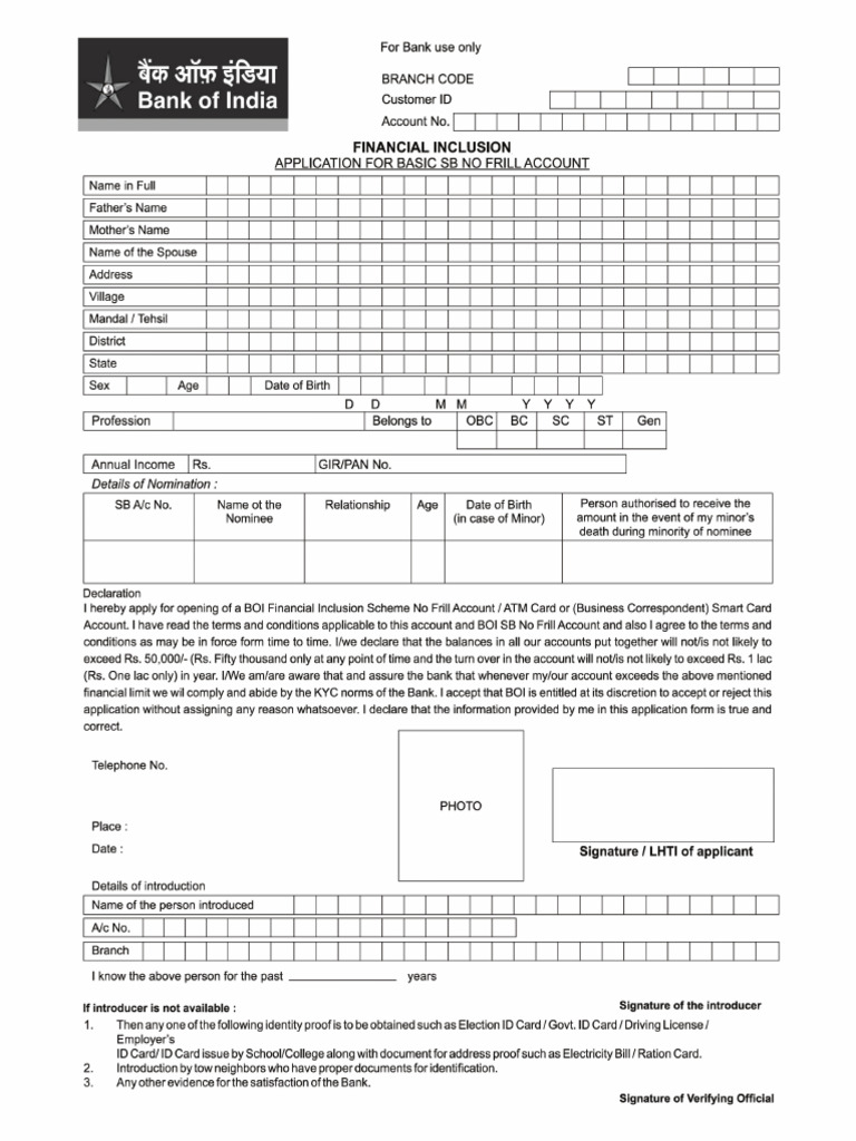 Bank of India BC Account Opening Form | PDF | Pension | Personal Finance