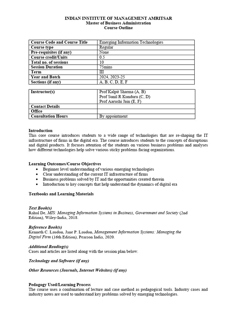 EITCourseOutline2023 24 | PDF | Augmented Reality | Cloud Computing