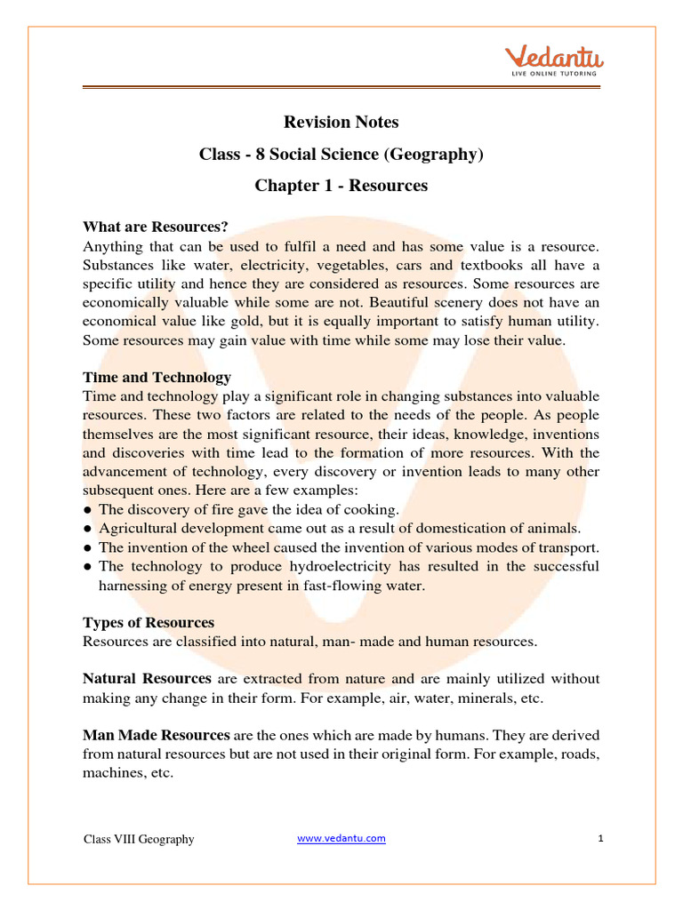 Resources Class 8 Notes CBSE Geography Chapter 1 PDF | PDF | Wind Power ...