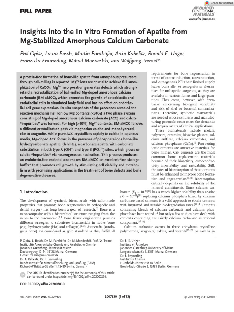 Insights Into The in Vitro Formation of Apatite From Mg-Stabilized Amorphous Calcium Carbonate ...