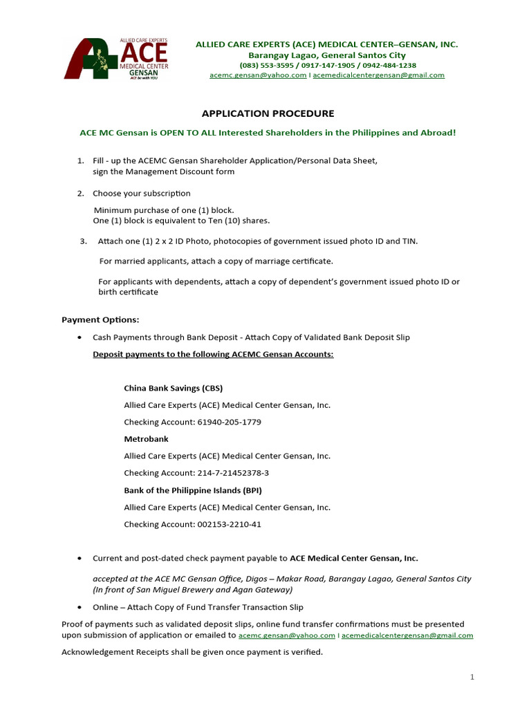 ACE Medical Center - Application Procedure - IRO Heidi Ombao | PDF