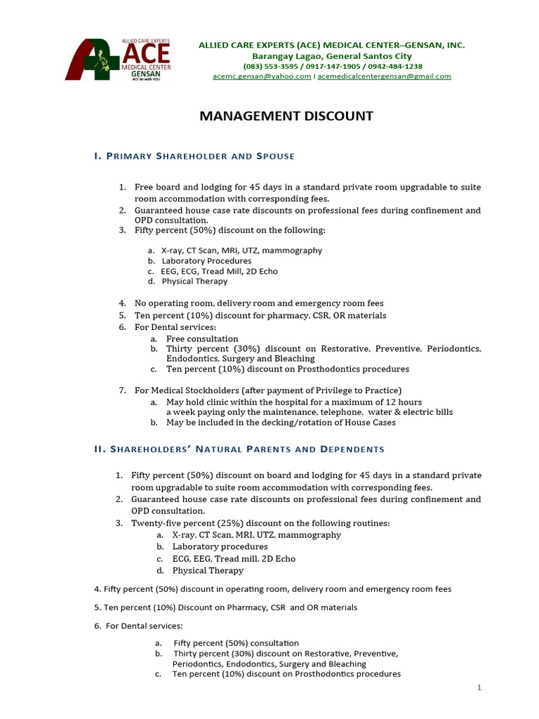 ACE Medical Center - Management Discount - IRO Heidi Ombao | PDF | Hospital | Shareholders