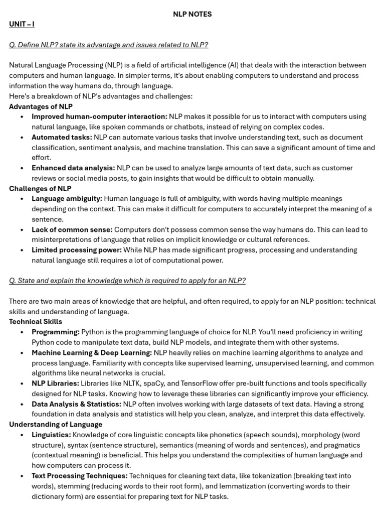 NLP Notes | PDF | Word | Part Of Speech