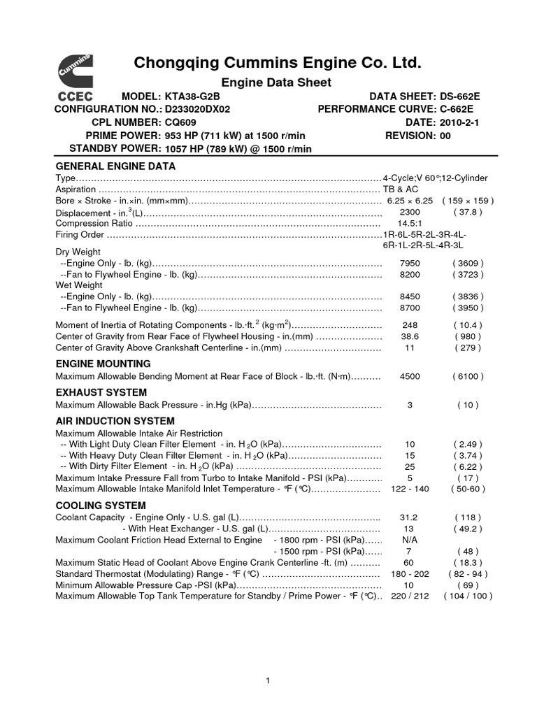 KTA38-G2B Engine Data Sheet | PDF | Horsepower | Engines