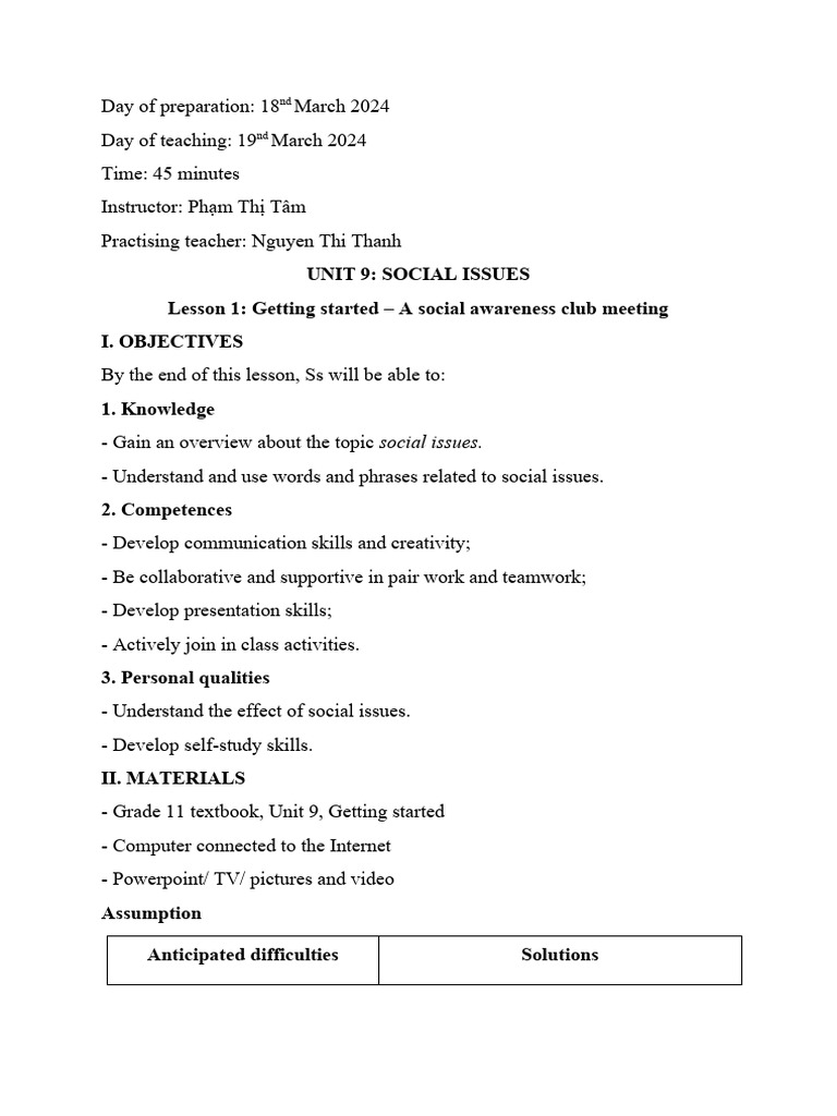 Social Issues Lesson Plan for Teachers | PDF | Vocabulary | Cognitive ...