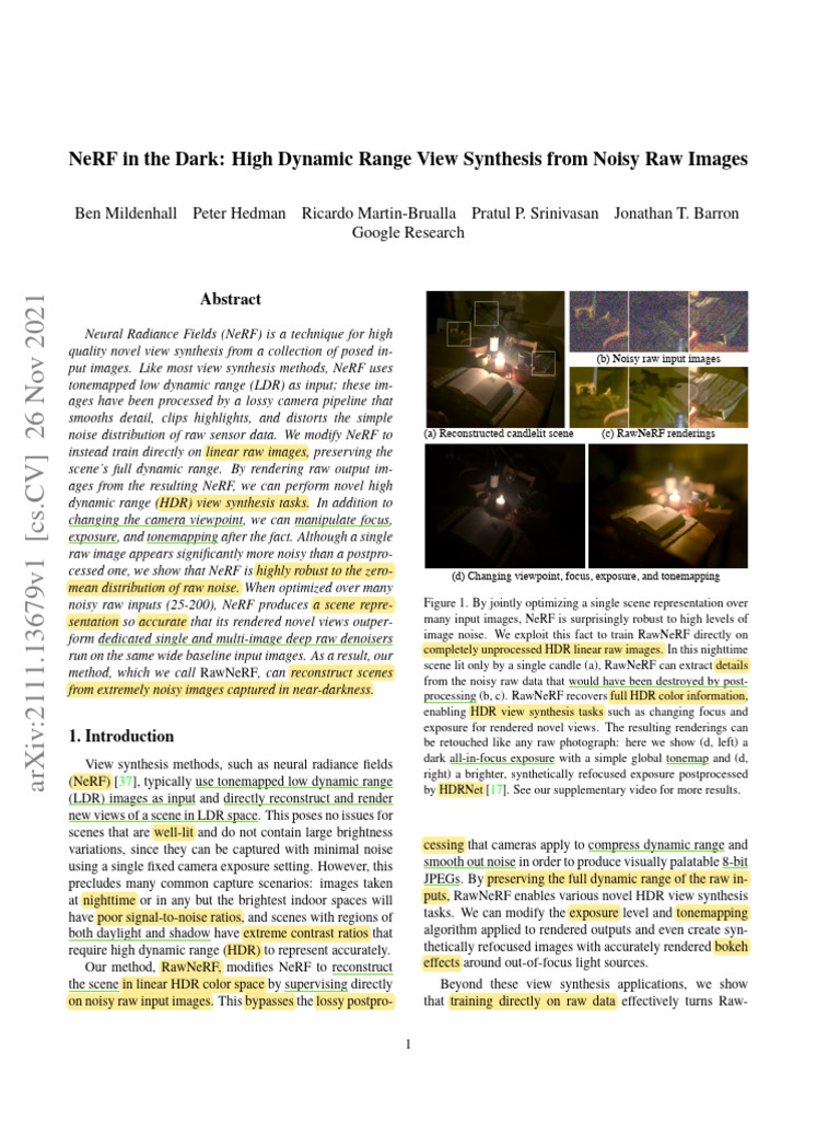 NeRF in The Dark High Dynamic Range View Synthesis From Noisy Raw Images | PDF | Exposure ...