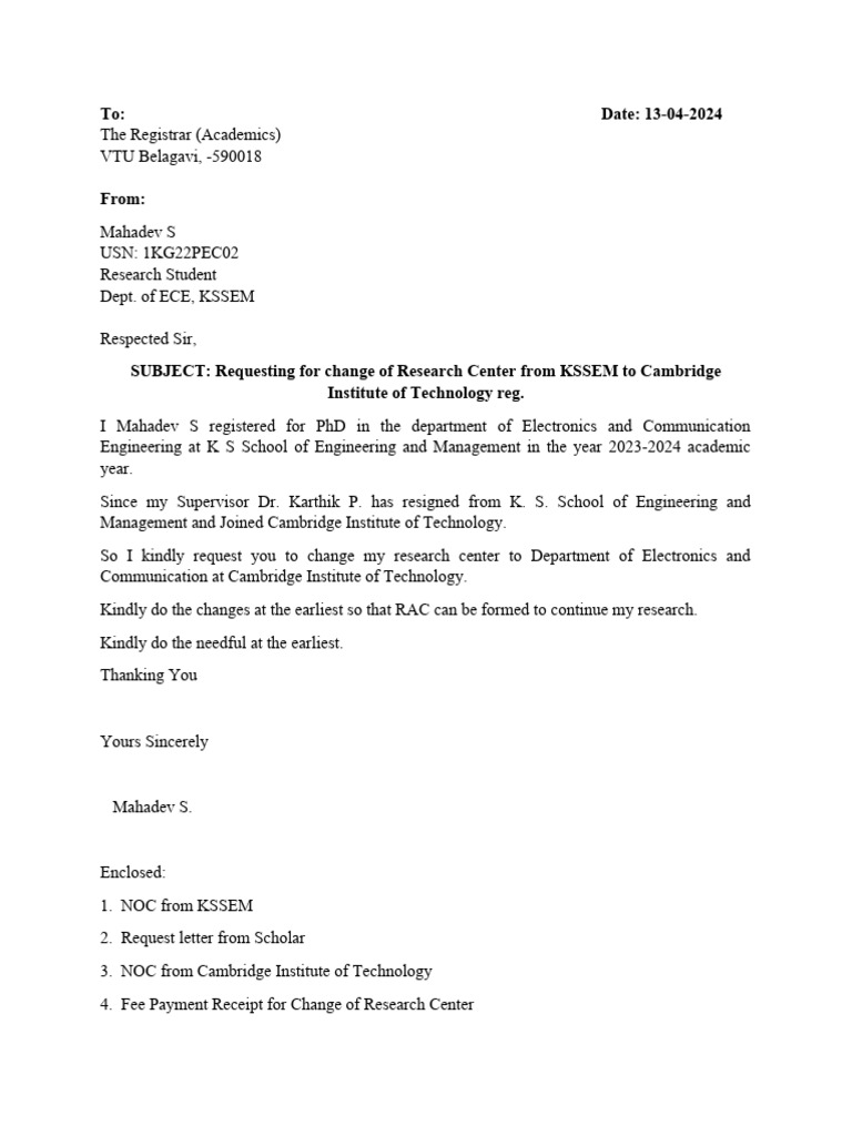 Mahadev S -request letter for change of research centre | PDF