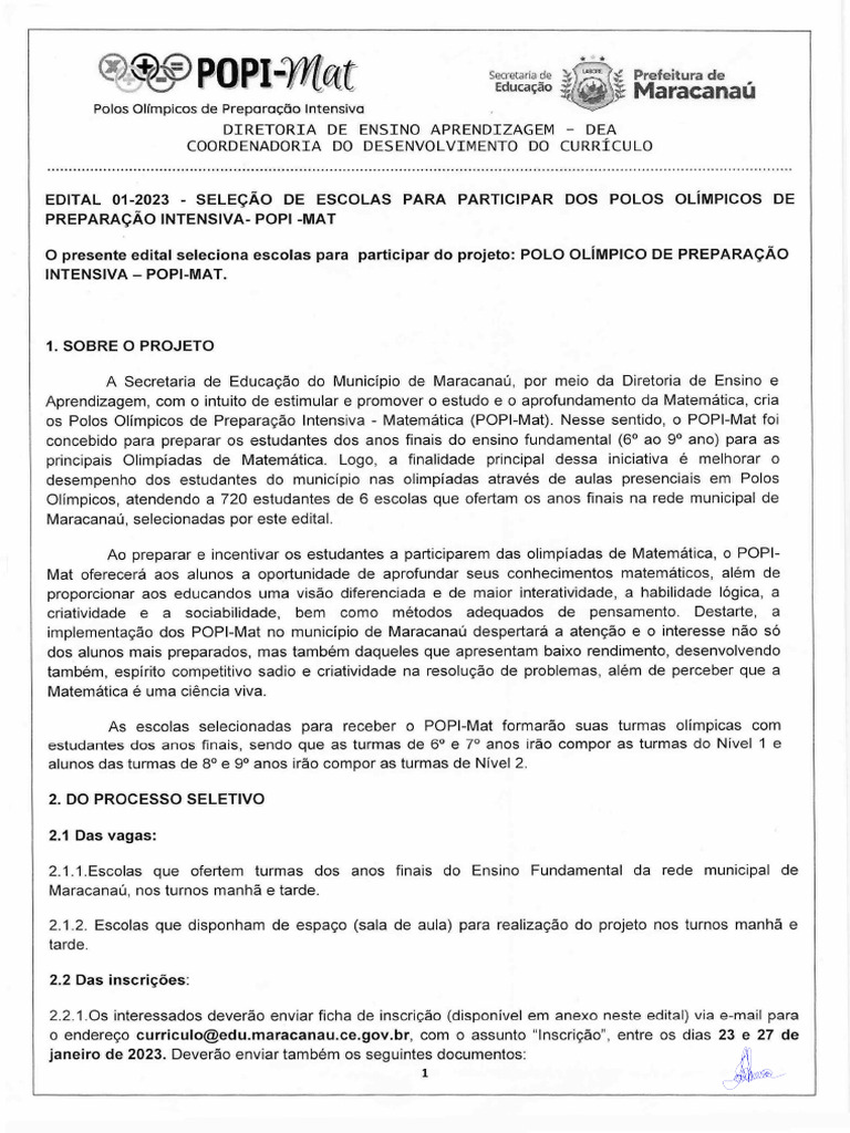 Edital POPI MAT | PDF | Escolas | Matemática
