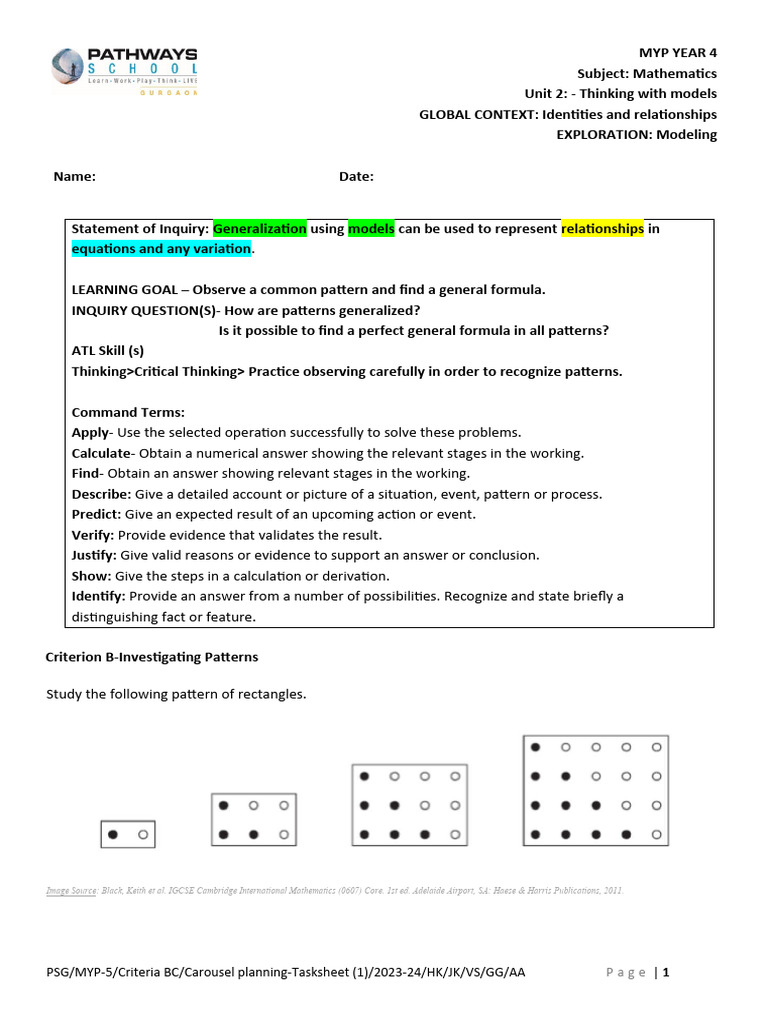 Tasksheet (1) MYP-5 BC | PDF | Inquiry | Mathematics