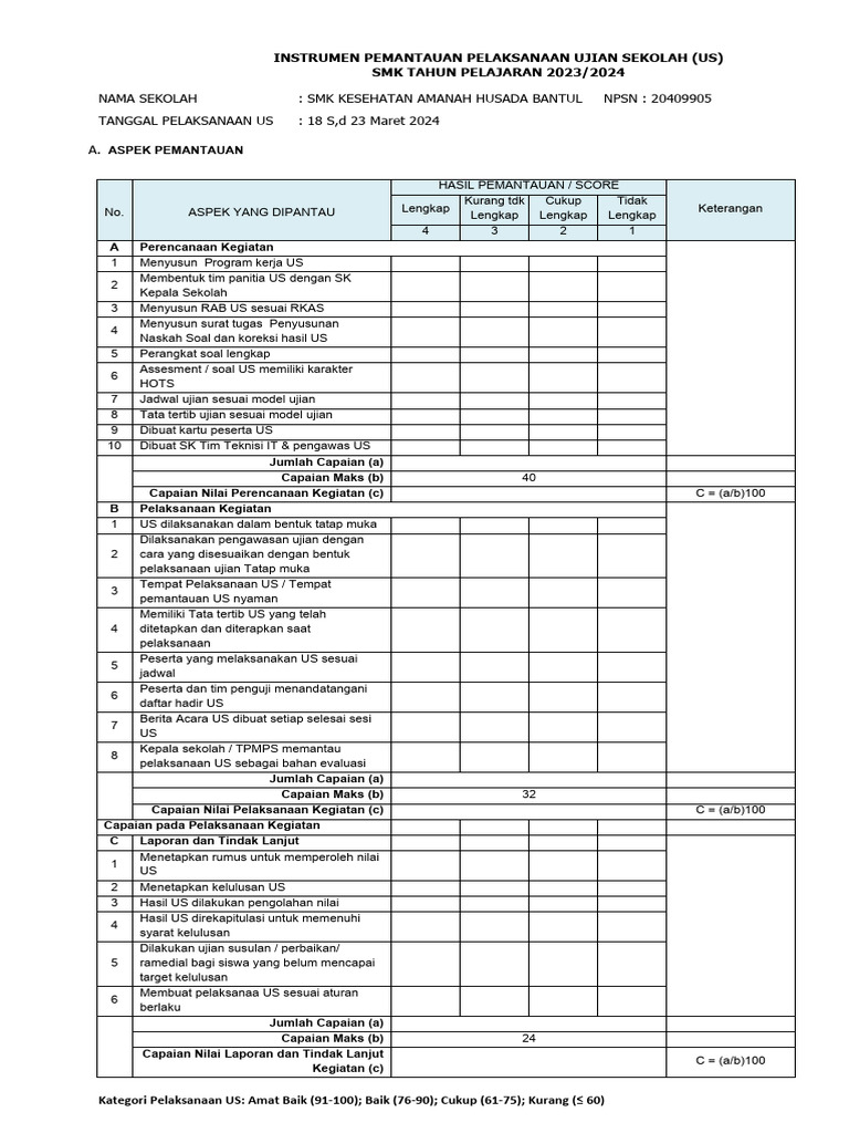 Instrumen Pemantauan Pelaksanaan Ujian Sekolah | PDF Instrumen Pemantauan Pelaksanaan Ujian Sekolah | PDF