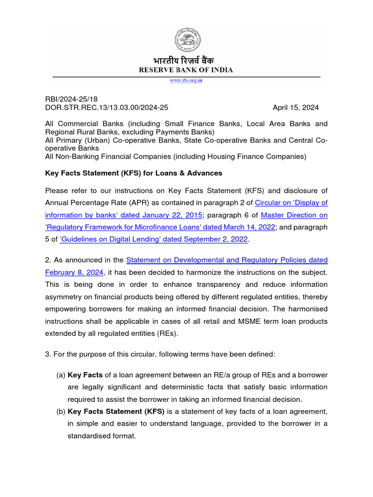 RBI 202425 18 Key Facts Statement (KFS) For Loans & Advances | PDF | Annual Percentage Rate | Loans
