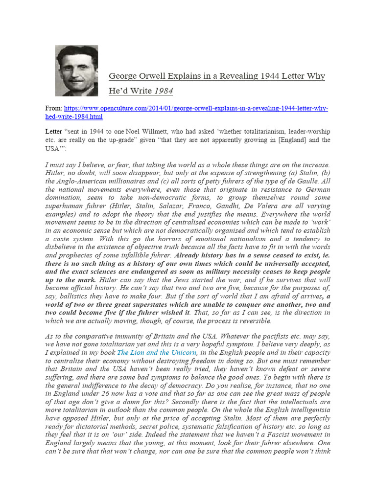 George Orwell Letter 1944 Why He Would Write 1984 | PDF ...