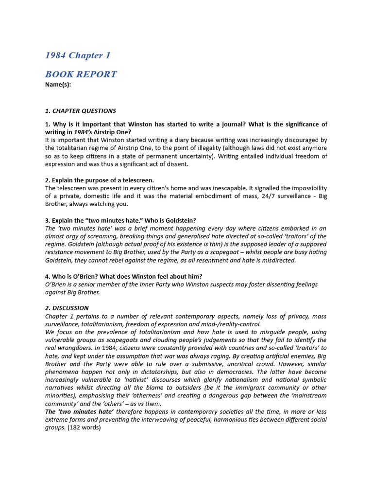 1984 Chapter 1 - Book Report EXAMPLE | PDF | Political Science