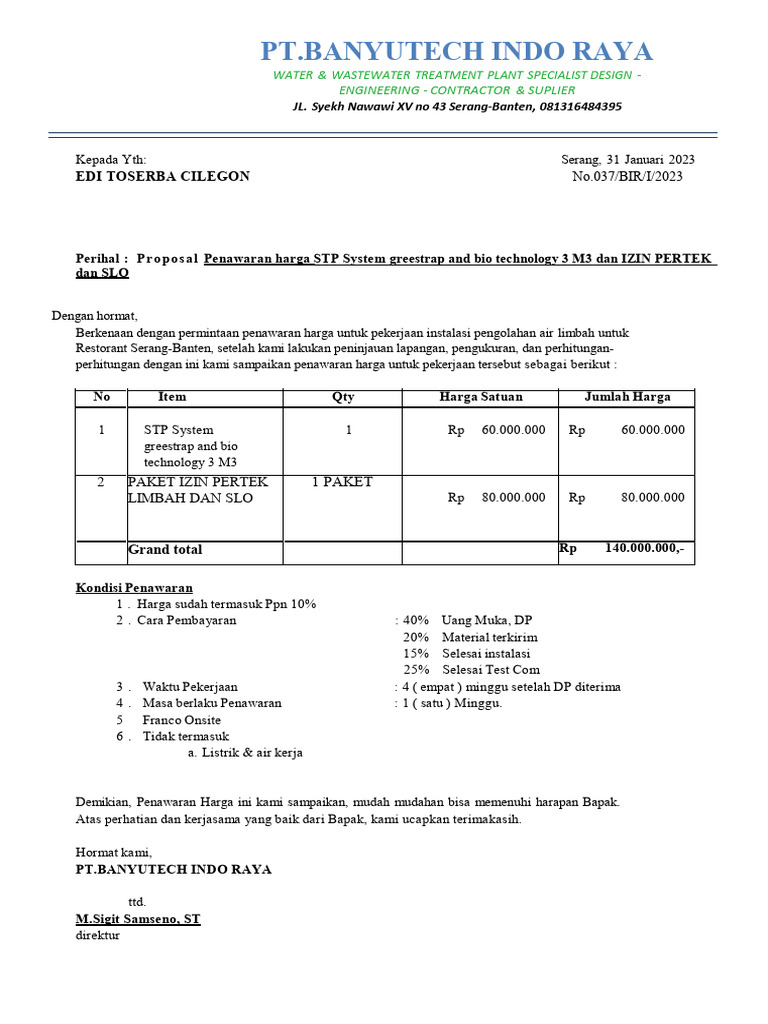 Penawaran Harga STP 3 M3 untuk Restoran | PDF