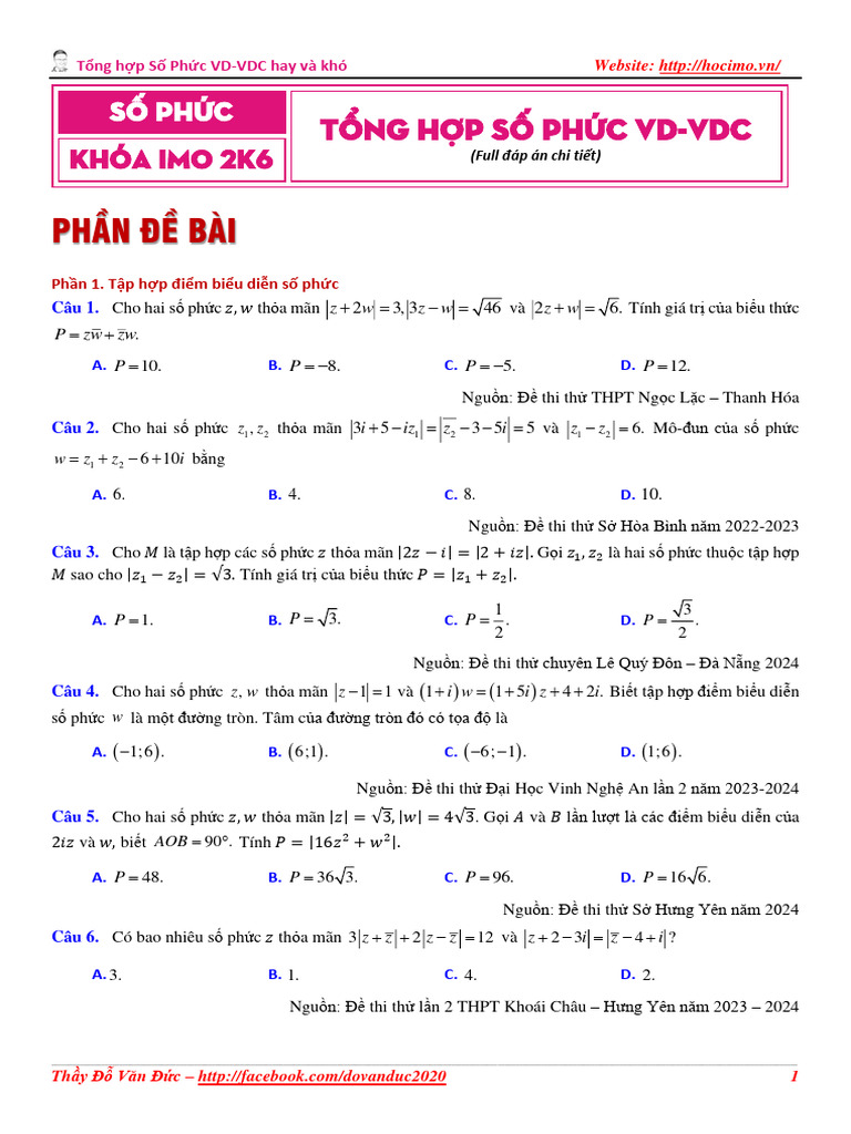ĐVĐ Tuyển Tập Số Phức VD VDC Full Đáp Án Chi Tiết | PDF