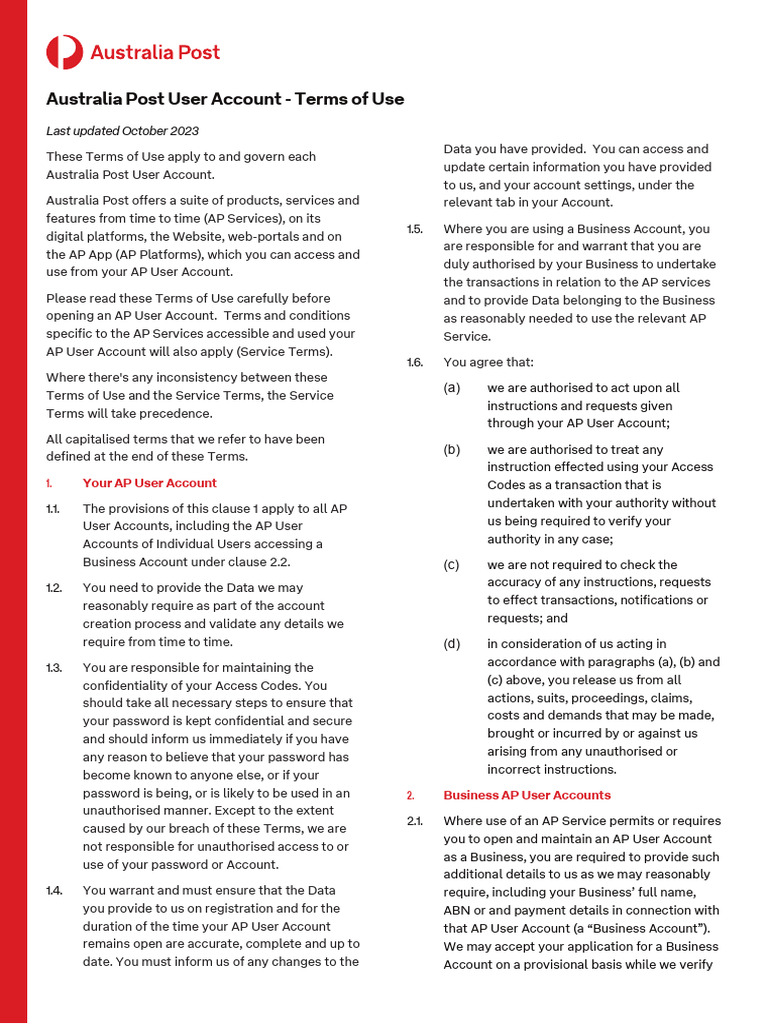 Australia Post User Account Terms | PDF | Legal Liability | Terms Of ...