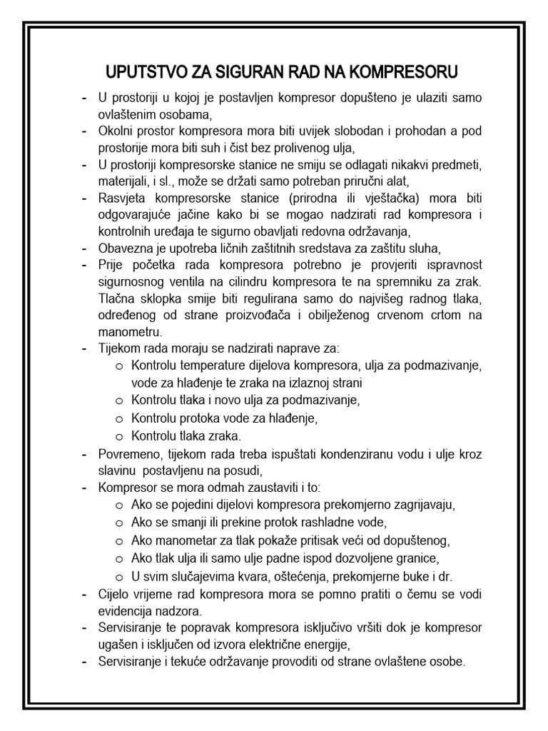 Uputstvo Za Siguran Rad Na Kompresoru | PDF