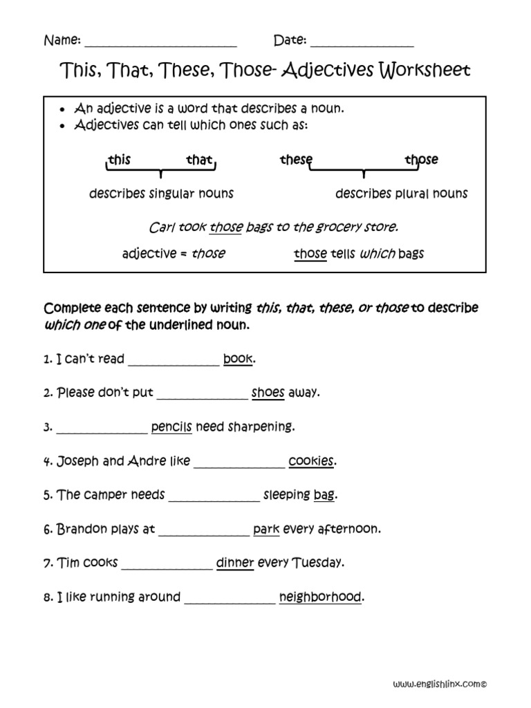 This That These Those Adjectives Worksheet | PDF | Language Arts ...