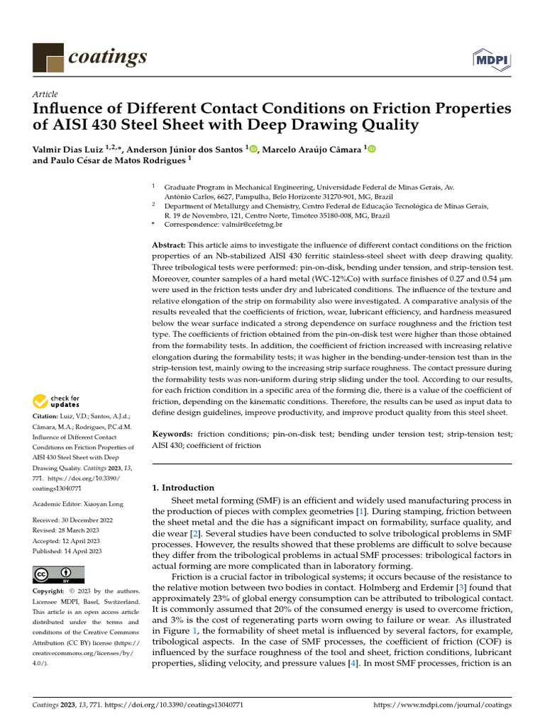 Influence Of Different Contact Conditions On Friction Properties Pdf Friction Stainless Steel