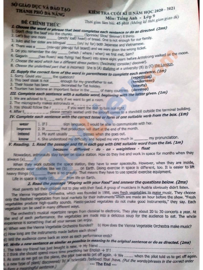 202104271125186087922e54163 - de Kiem Tra HK 2 Lop 9 Mon Tieng Anh So GD Da Nang Co Dap An | PDF