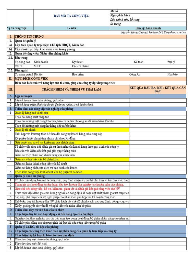 JD - KPI Quan Ly Kinh Doanh | PDF