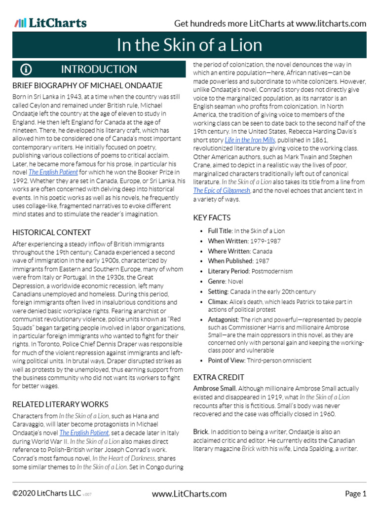 In the Skin of a Lion LitChart | PDF
