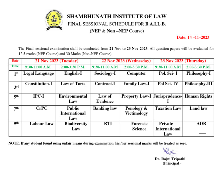 B.A.LL.B. Final Exam Schedule Nov 2023 | PDF
