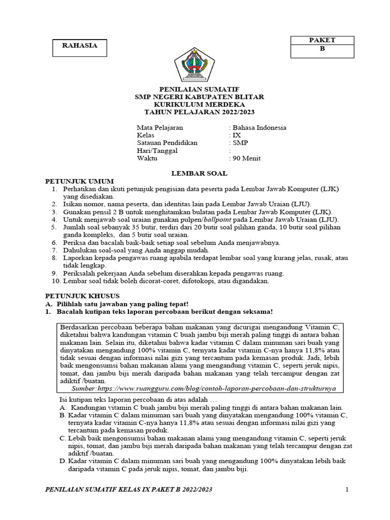 Master Soal PS Bin 9 2022-2023 B Utama | PDF