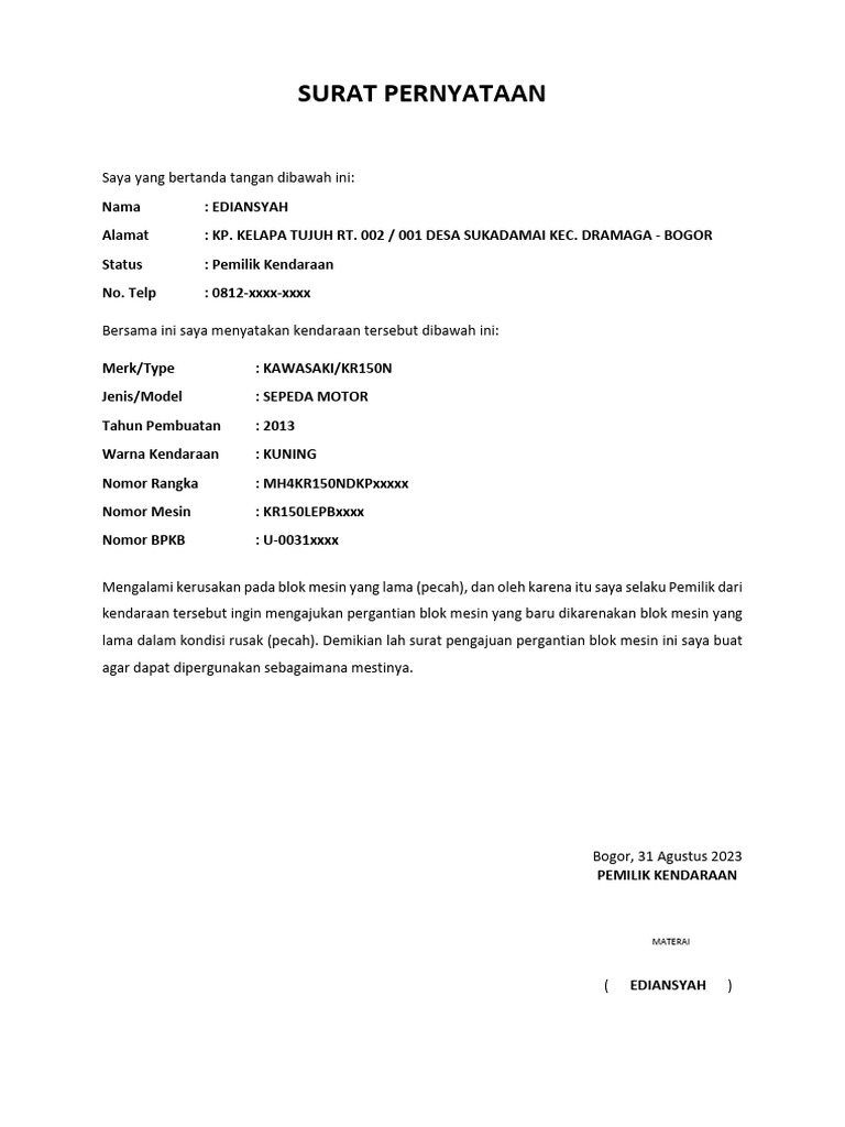 Surat Pengajuan Pergantian Blok Mesin | PDF