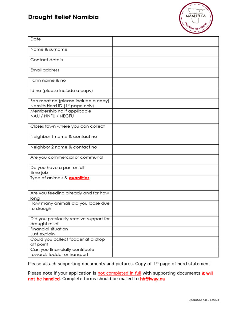 Namibia Drought Relief Application Form | PDF