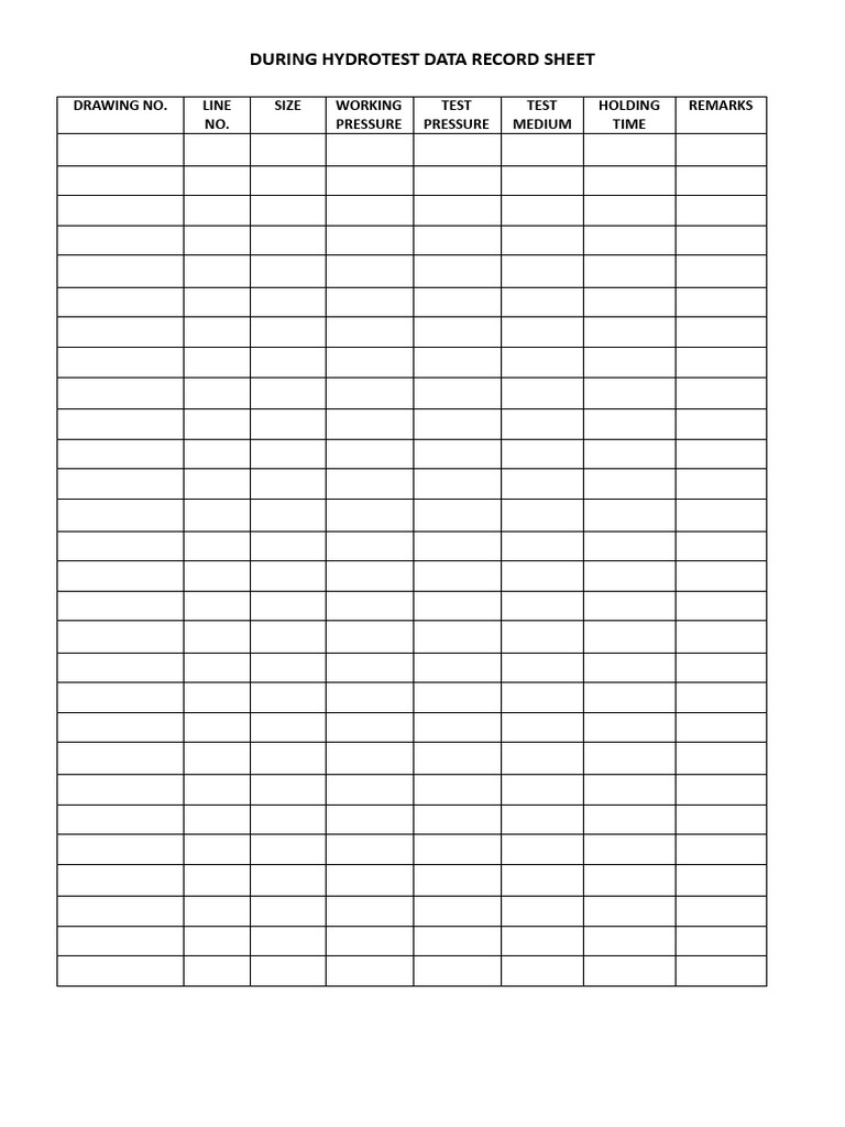 Hydrotest Data Sheet Record | PDF