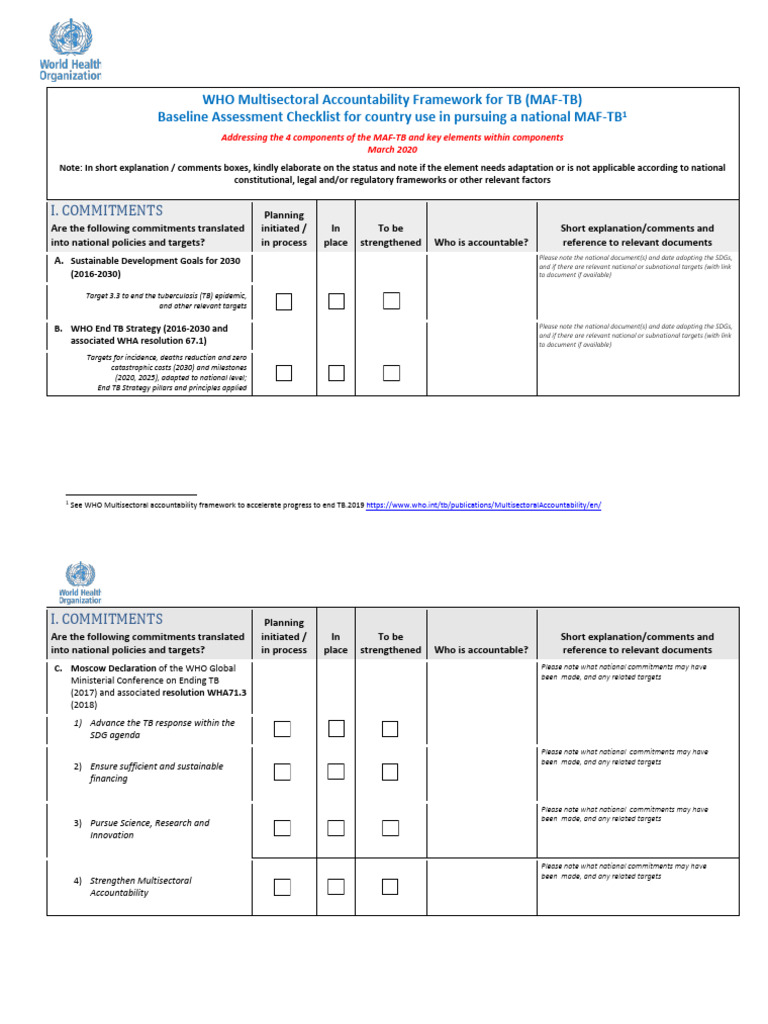 Multisectoral Accountability Framework TB Tuberculosis Checklist ...