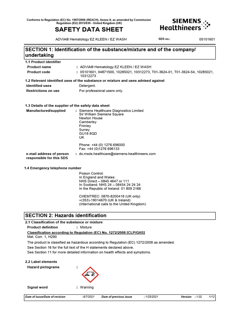 ADVIA Hematology EZ KLEEN EZ WASH United Kingdom DXDCM 09017fe980214dba ...