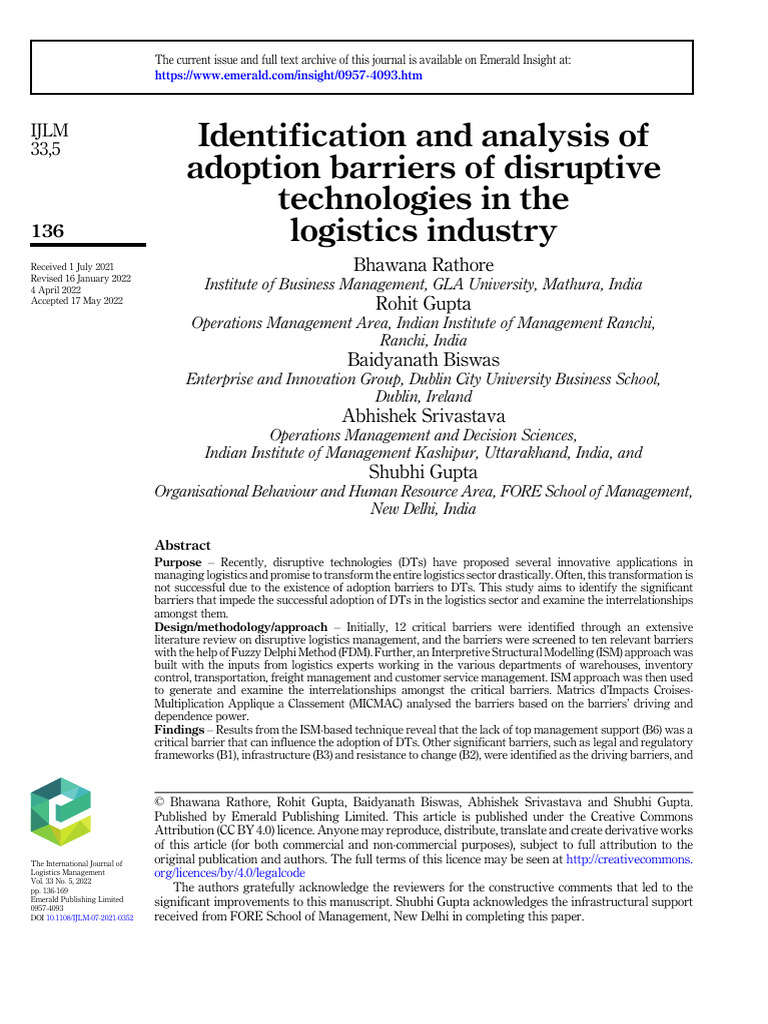 Identification and Analysis of Adoption Barriers of Disruptive Technologies in The Logistics ...