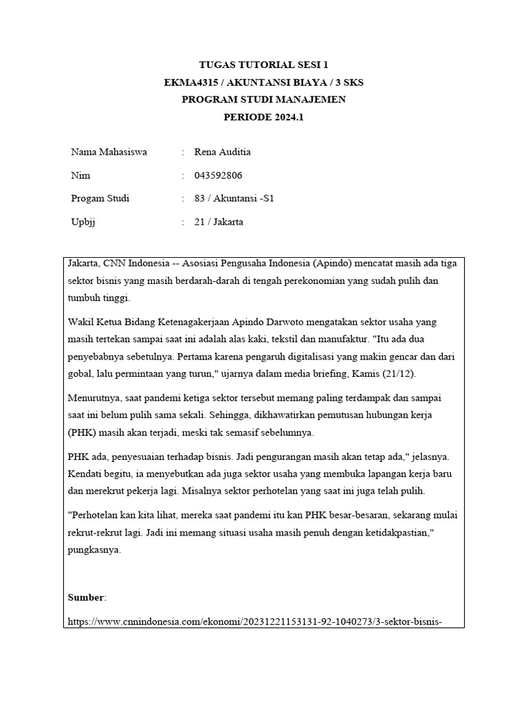 Tugas 1 EKMA4315 - AKUNTANSI BIAYA | PDF Tugas 1 EKMA4315 - AKUNTANSI BIAYA | PDF