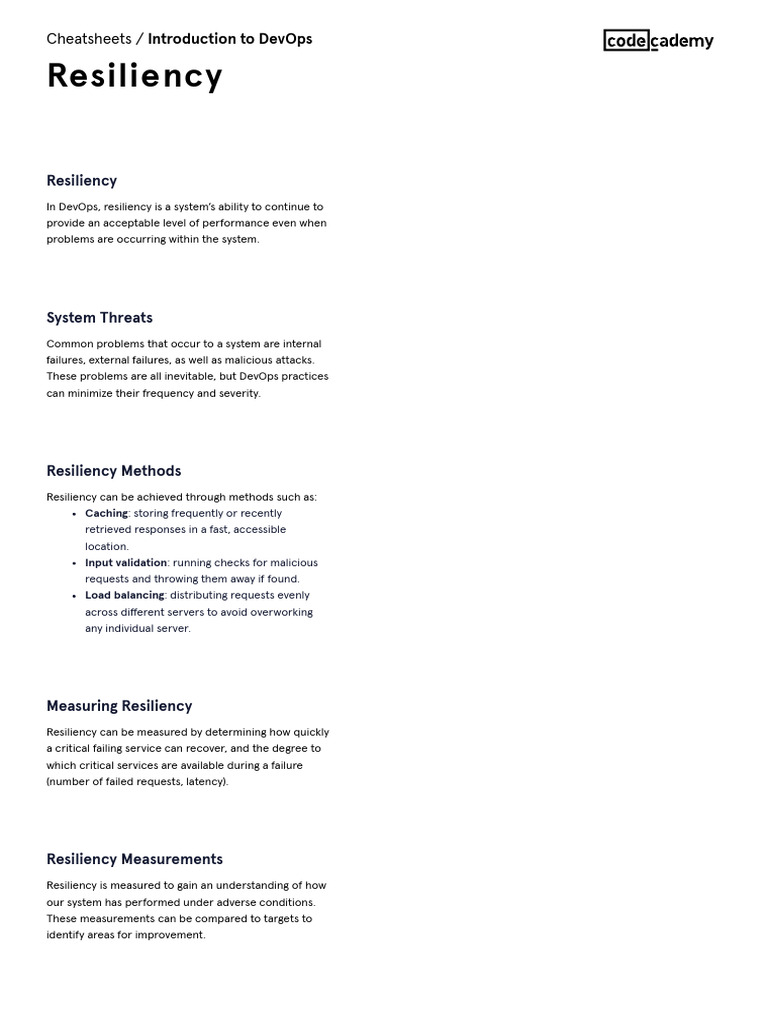 Introduction To DevOps - Resiliency Cheatsheet - Codecademy | PDF
