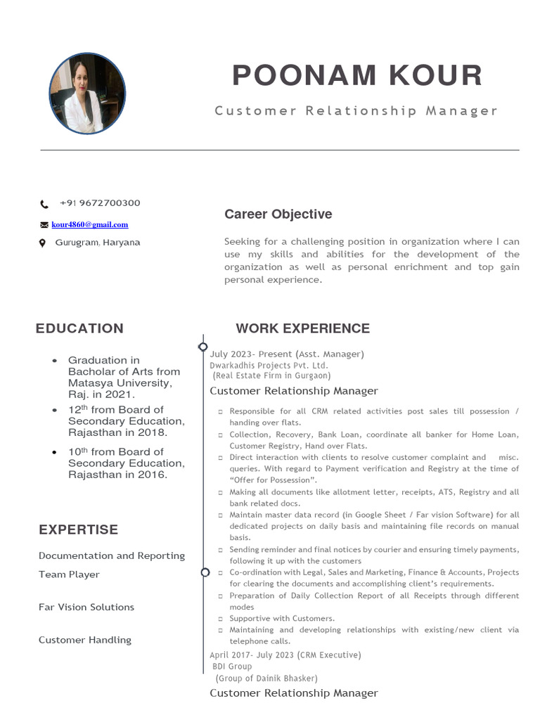 Poonam Kaur CV New.. | PDF | Customer Relationship Management | Banks