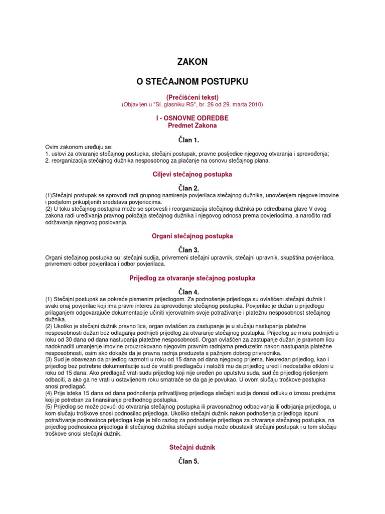 Zakon o Stecajnom Postupku RS | PDF