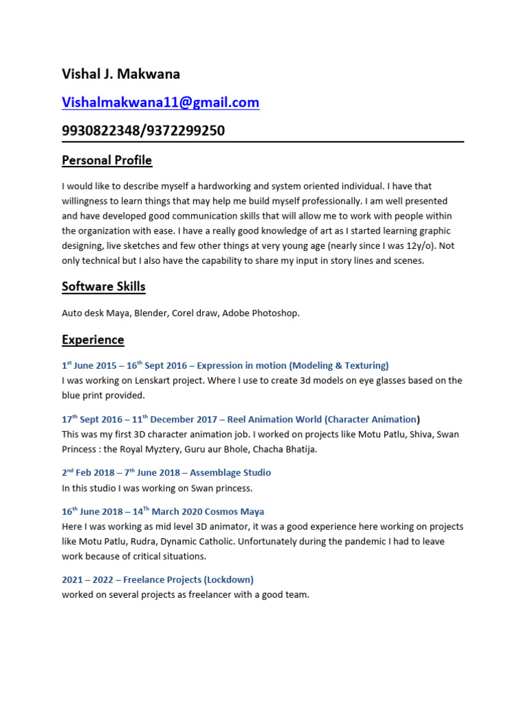Vishal Makwana Resume 2024 | PDF | 3 D Computer Graphics | Computer Graphics