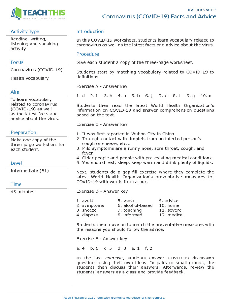 COVID-19 Vocabulary & Advice Worksheet | PDF | Infection | Medical ...