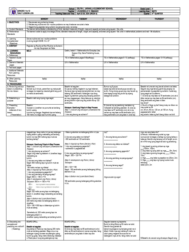DLL - Math 2 - Q4 - W4 | PDF