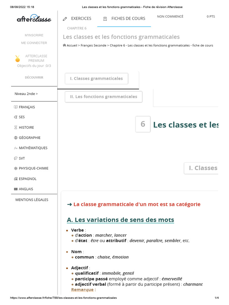 Les Classes Et Les Fonctions Grammaticales - Fiche de Révision ...