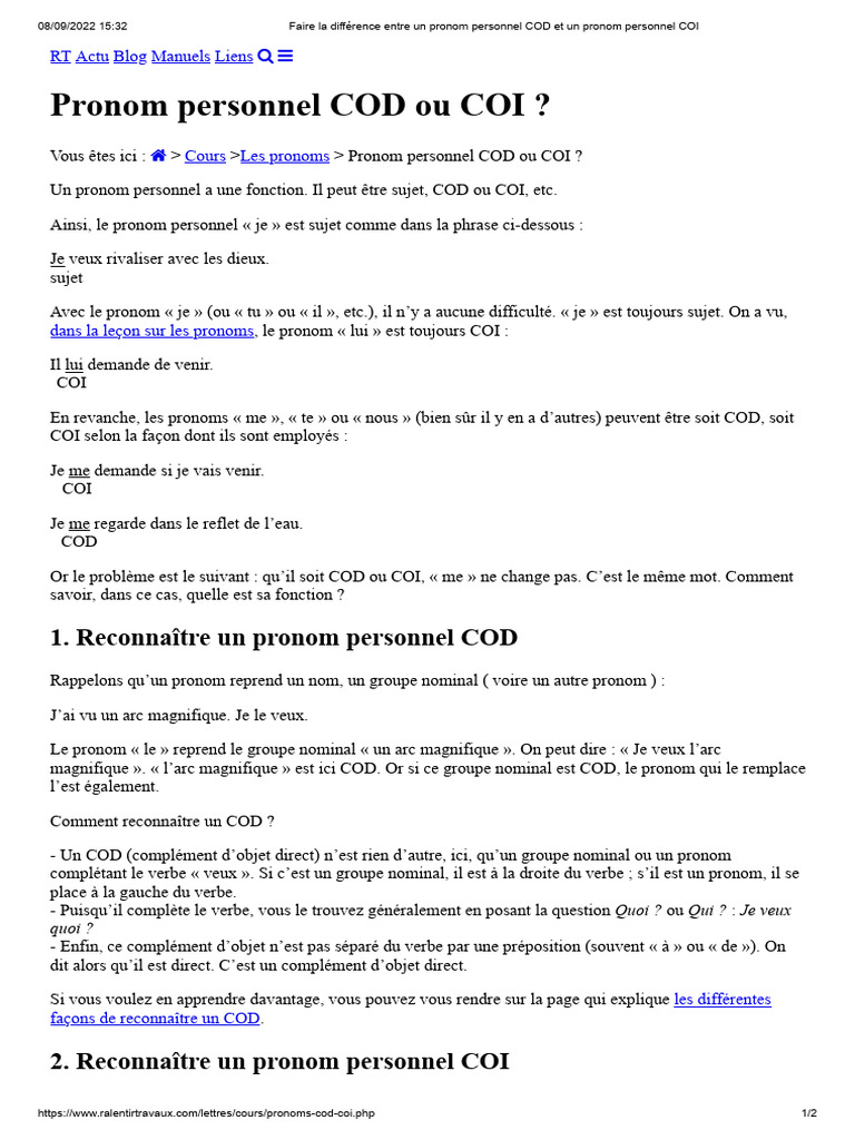 Différence entre COD et COI | PDF | Complément d'objet | Pronom