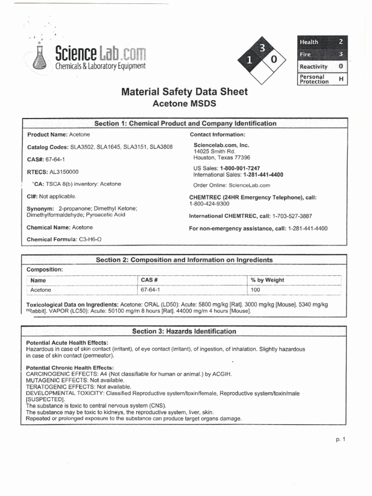 Acetone MSDS | Download Free PDF | Toxicity | Water