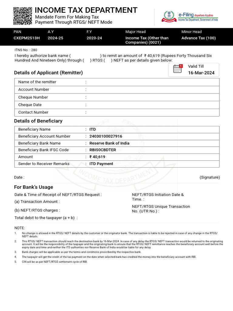 RTGS/NEFT Tax Payment Mandate Form | PDF | Financial Technology ...