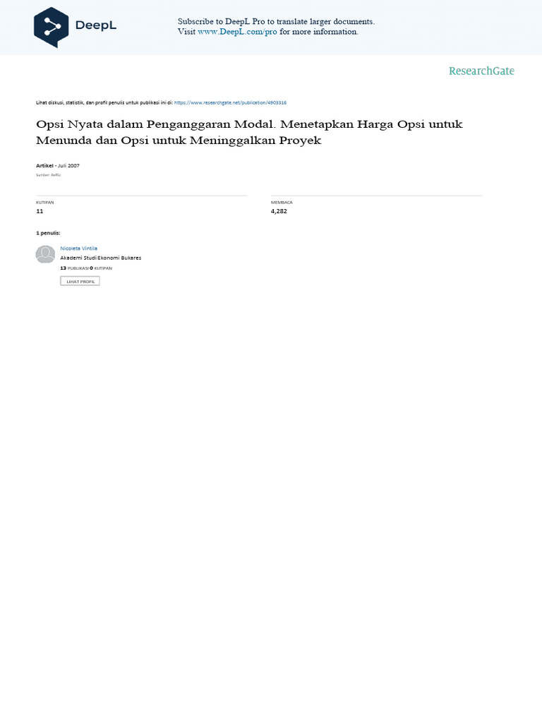 Opsi Nyata Dalam Penganggaran Modal. Menetapkan Harga Opsi Untuk Menunda Dan Opsi Untuk ...