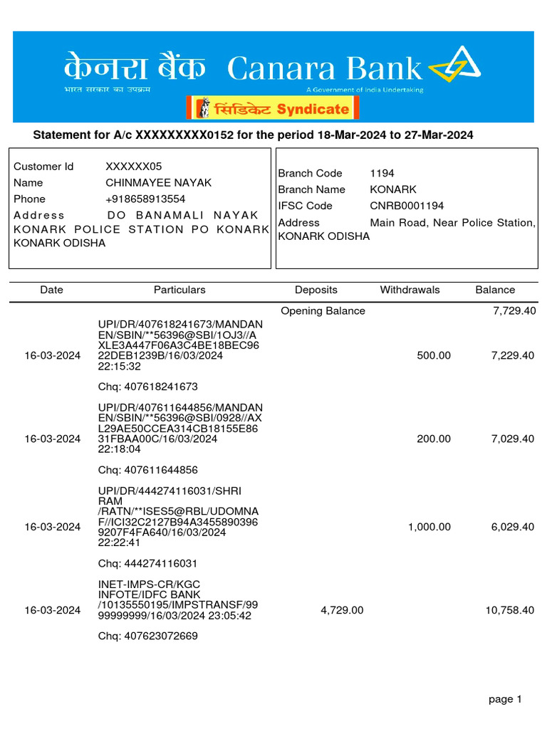 Canara Bank Passbook Statement Summary | PDF | Phishing | Financial ...