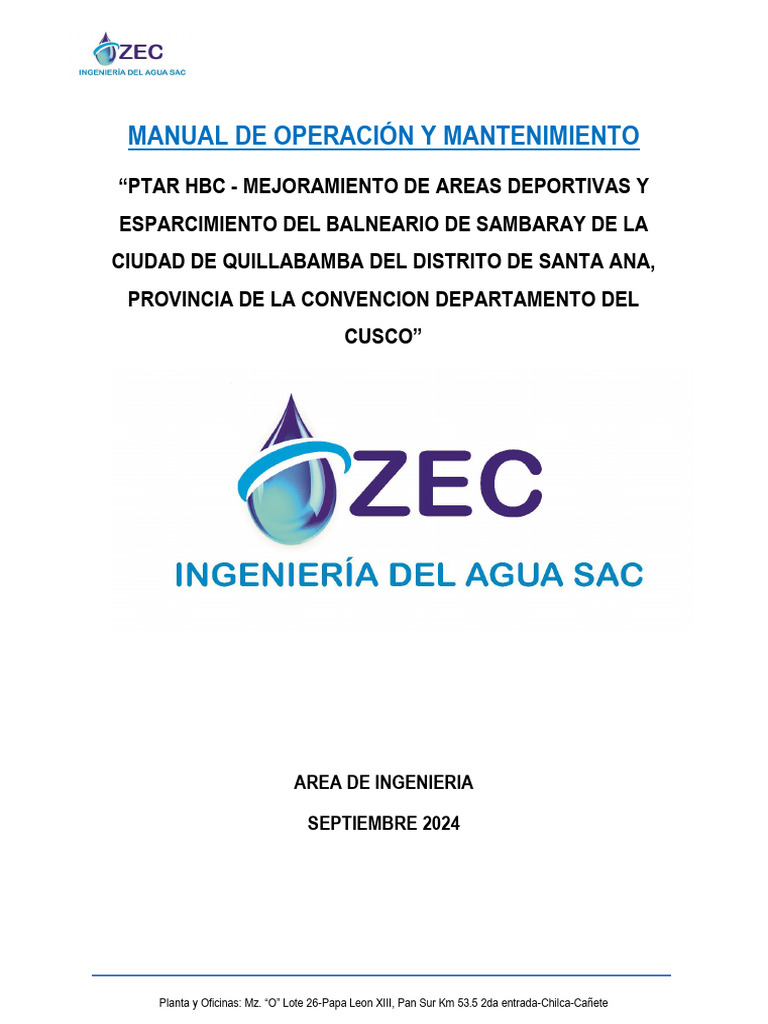 MANUAL DE OPERACION Y MANTENIMIENTO Qp=0.35 lps | PDF | Tratamiento de aguas residuales ...