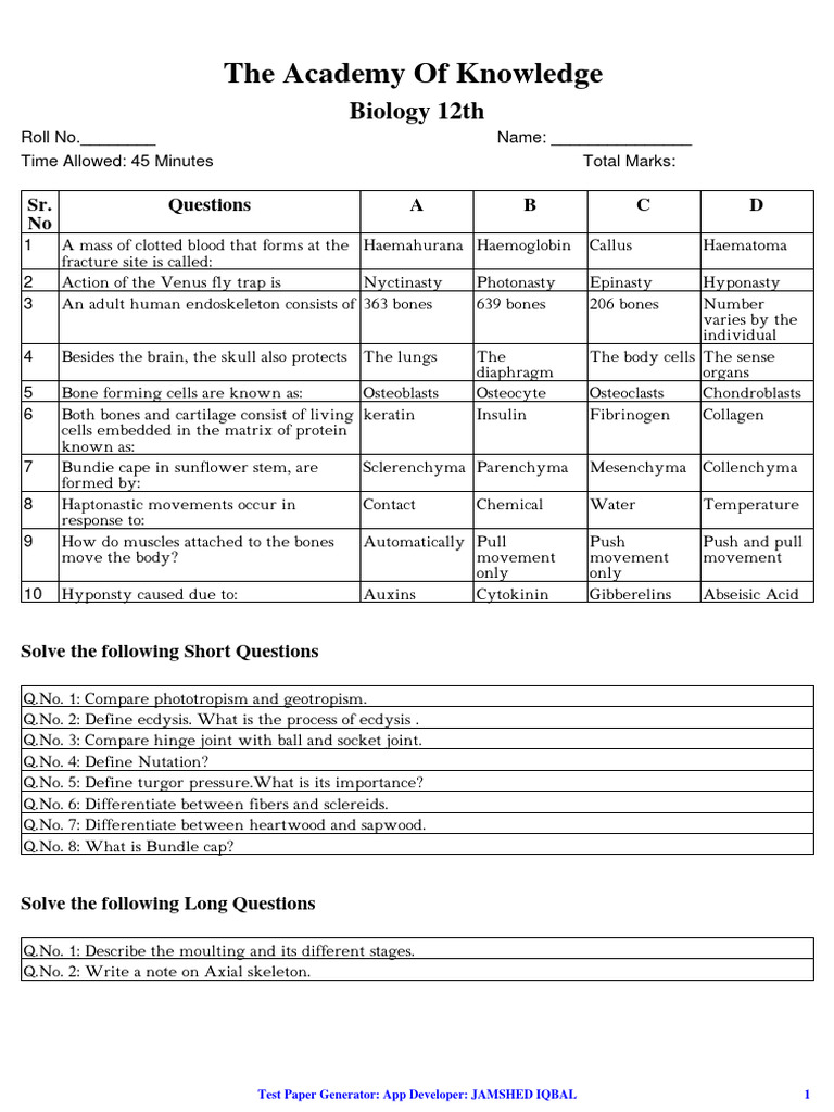 Biology 12th Grade Exam Questions | PDF | Bone | Skeleton